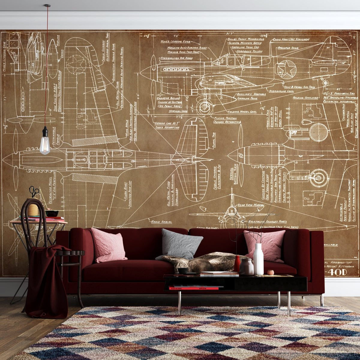 Aircraft blueprint wallpaper mural | Mechanical elements - Carving ...