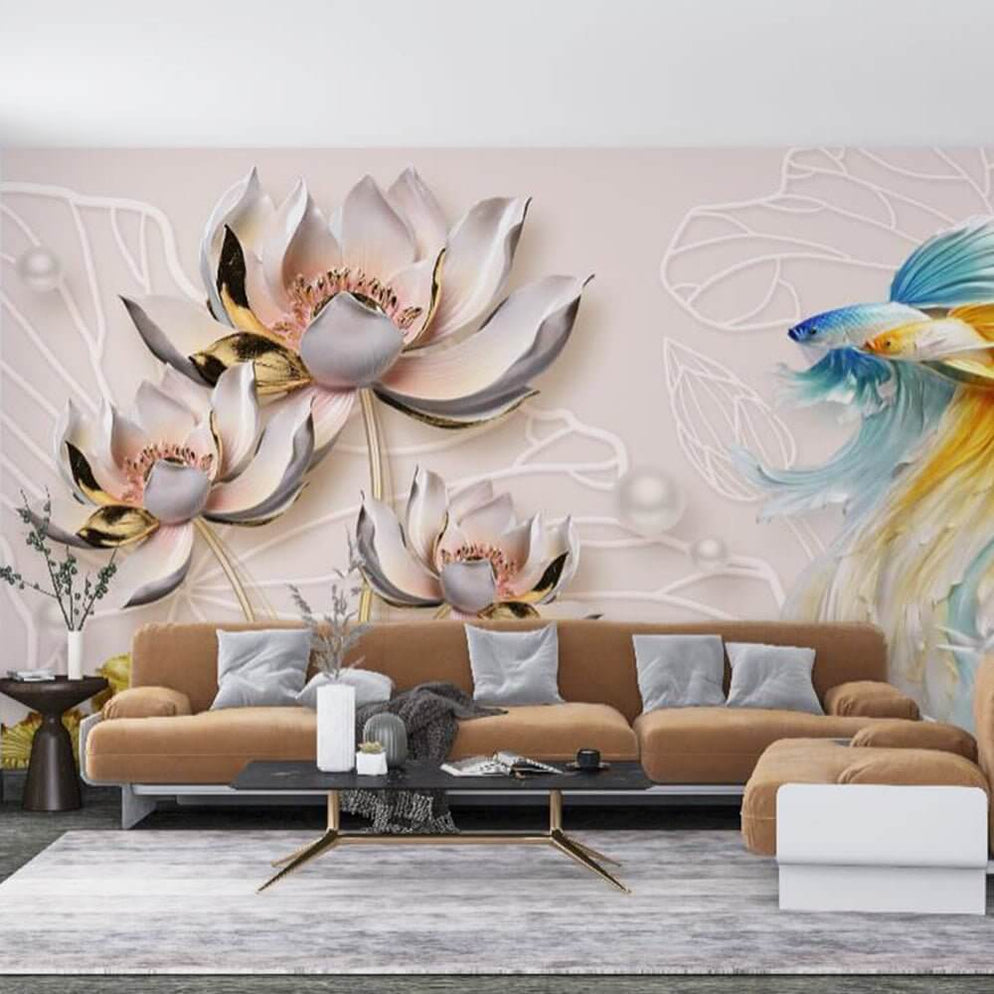 lotus goldfish mural - Three Dimensional Flower & Fish Wallpaper ...